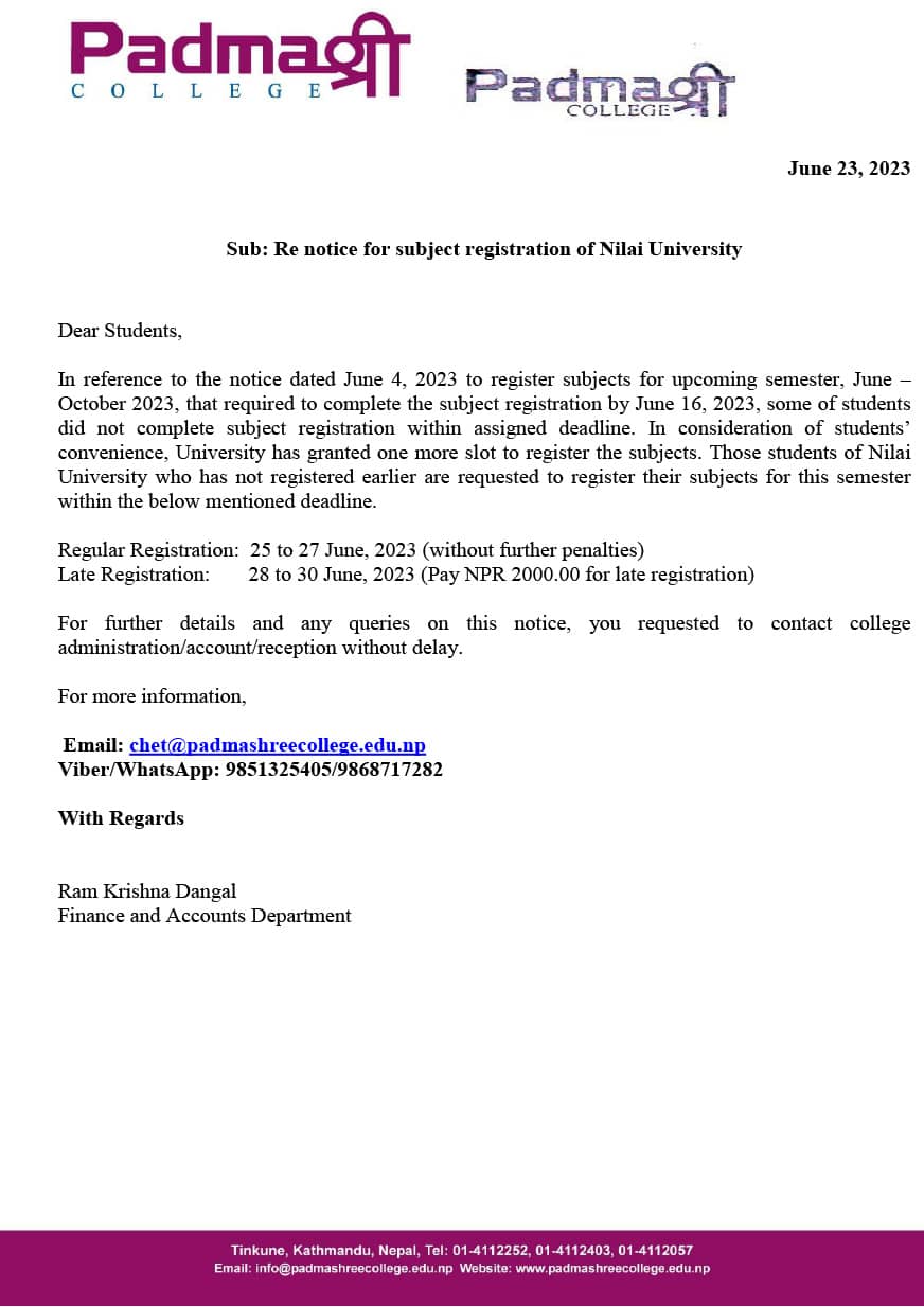 Re notice for subject registration of Nilai University