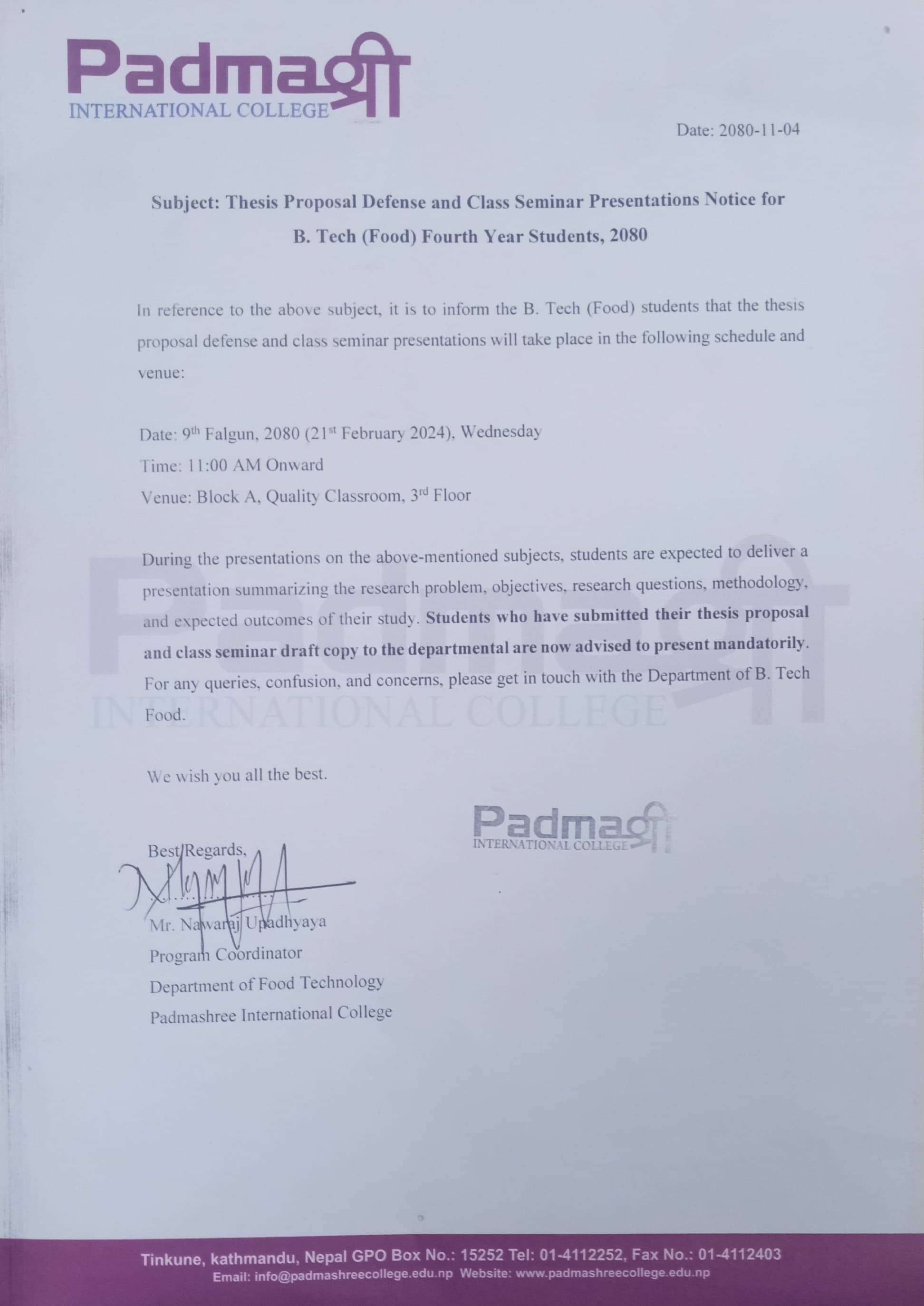 Notice for B. Tech(Food) Fourth Year Students Regarding Thesis Proposal ...