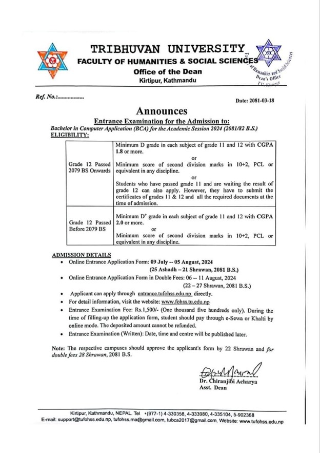 Entrance Form Notice For BCA 2081