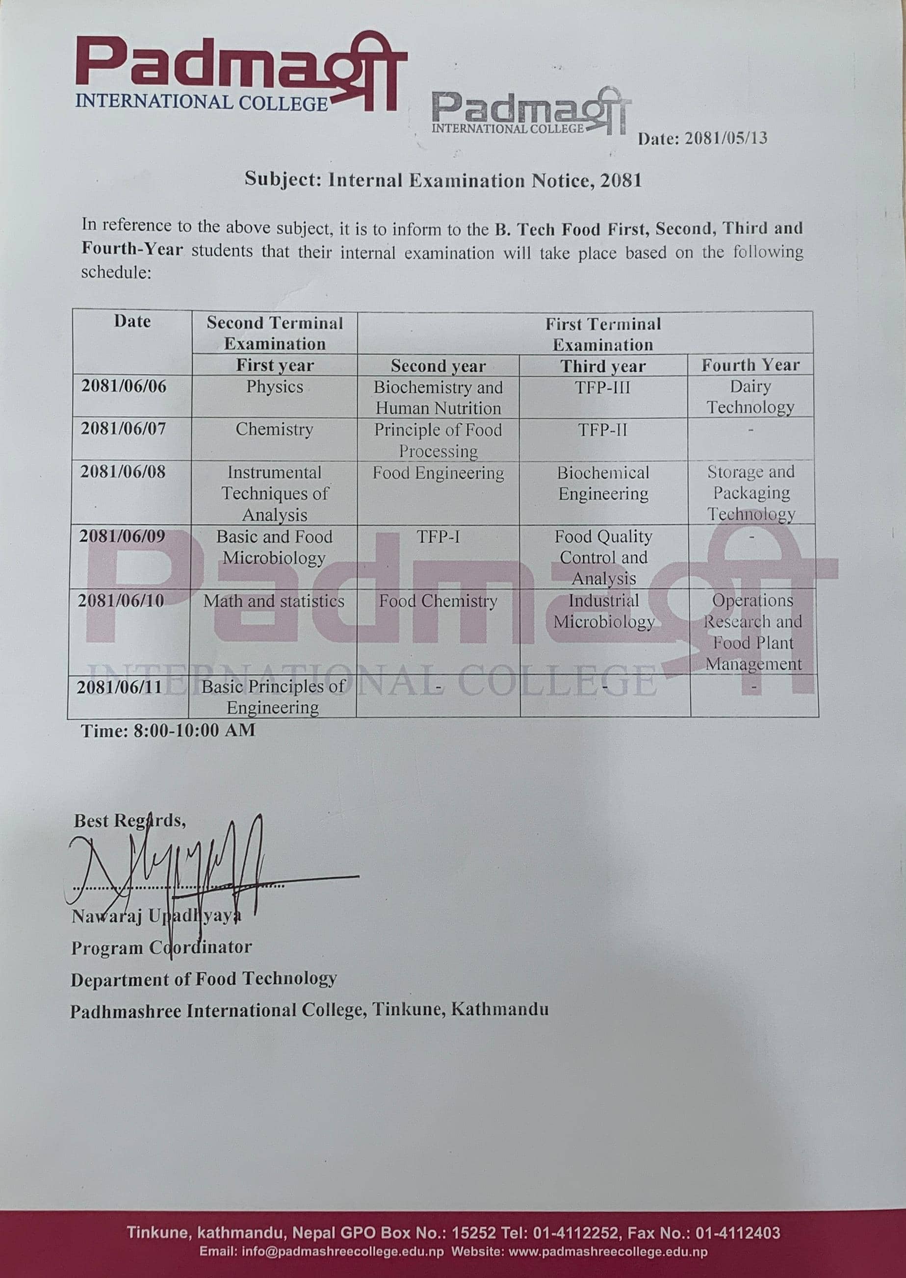 Internal Examination Notice of B.Tech Food 2081