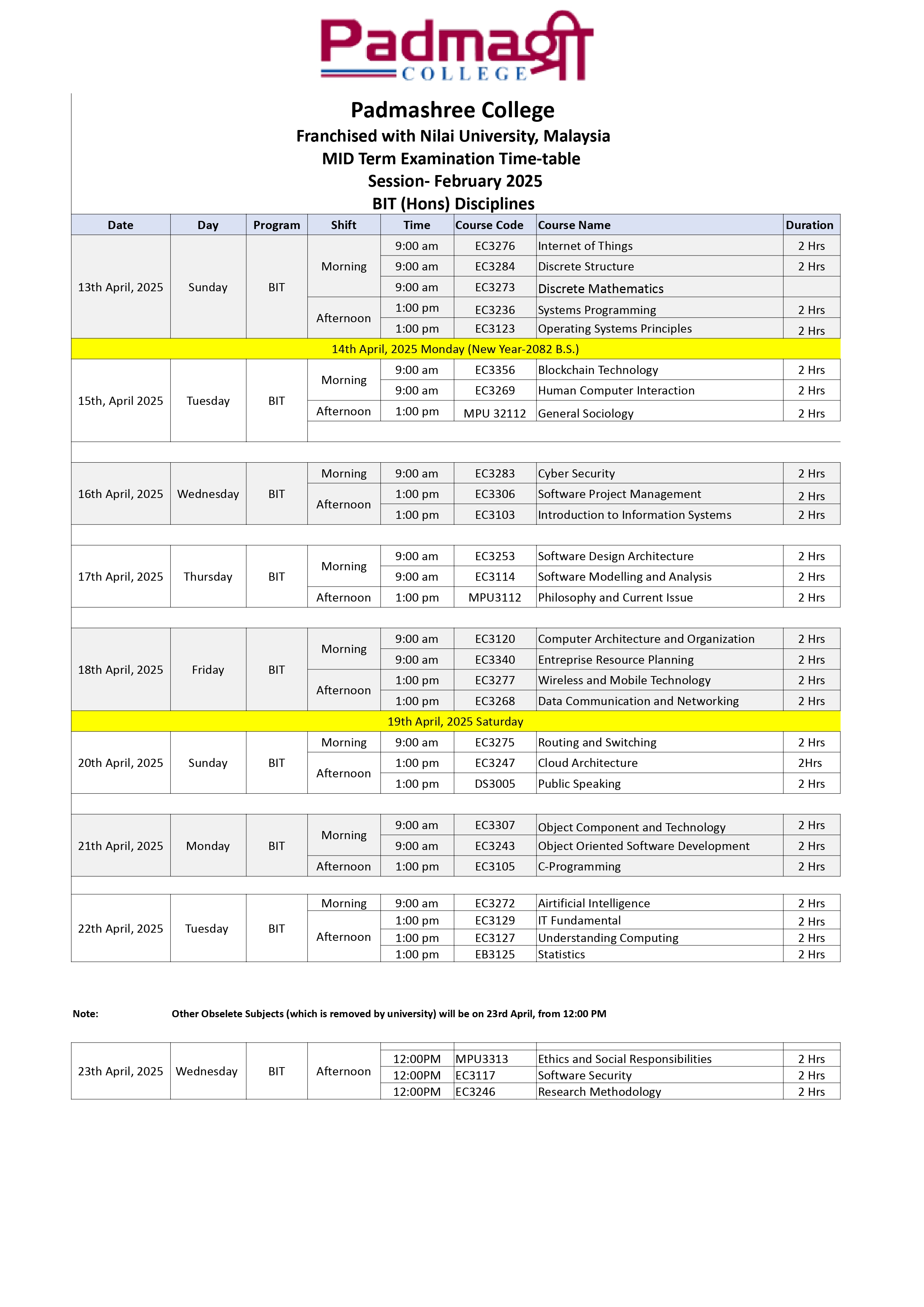 Mid Term Examination Time Table of Session Feb 2025