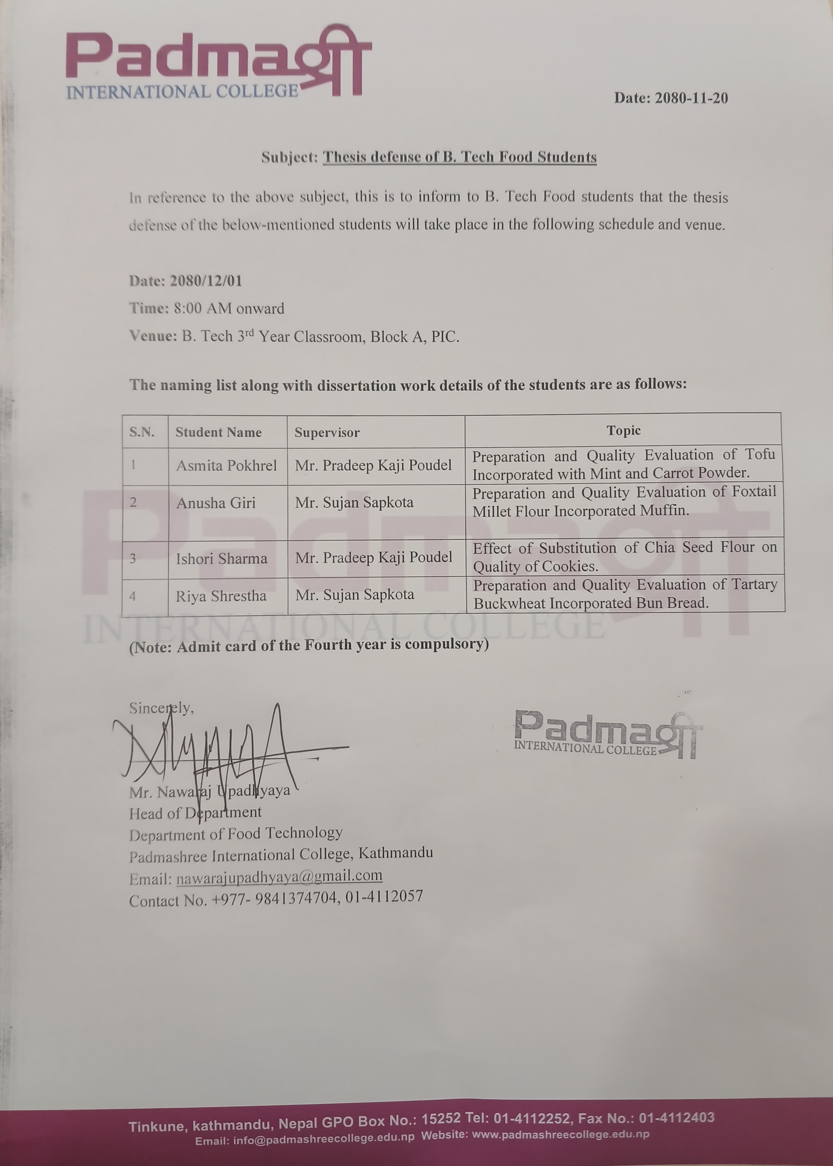Notice of Thesis Defense of B.Tech Food Students