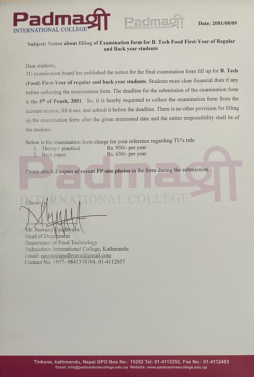 Notice About Filling of Examination form for B.Tech Food First-Year of ...