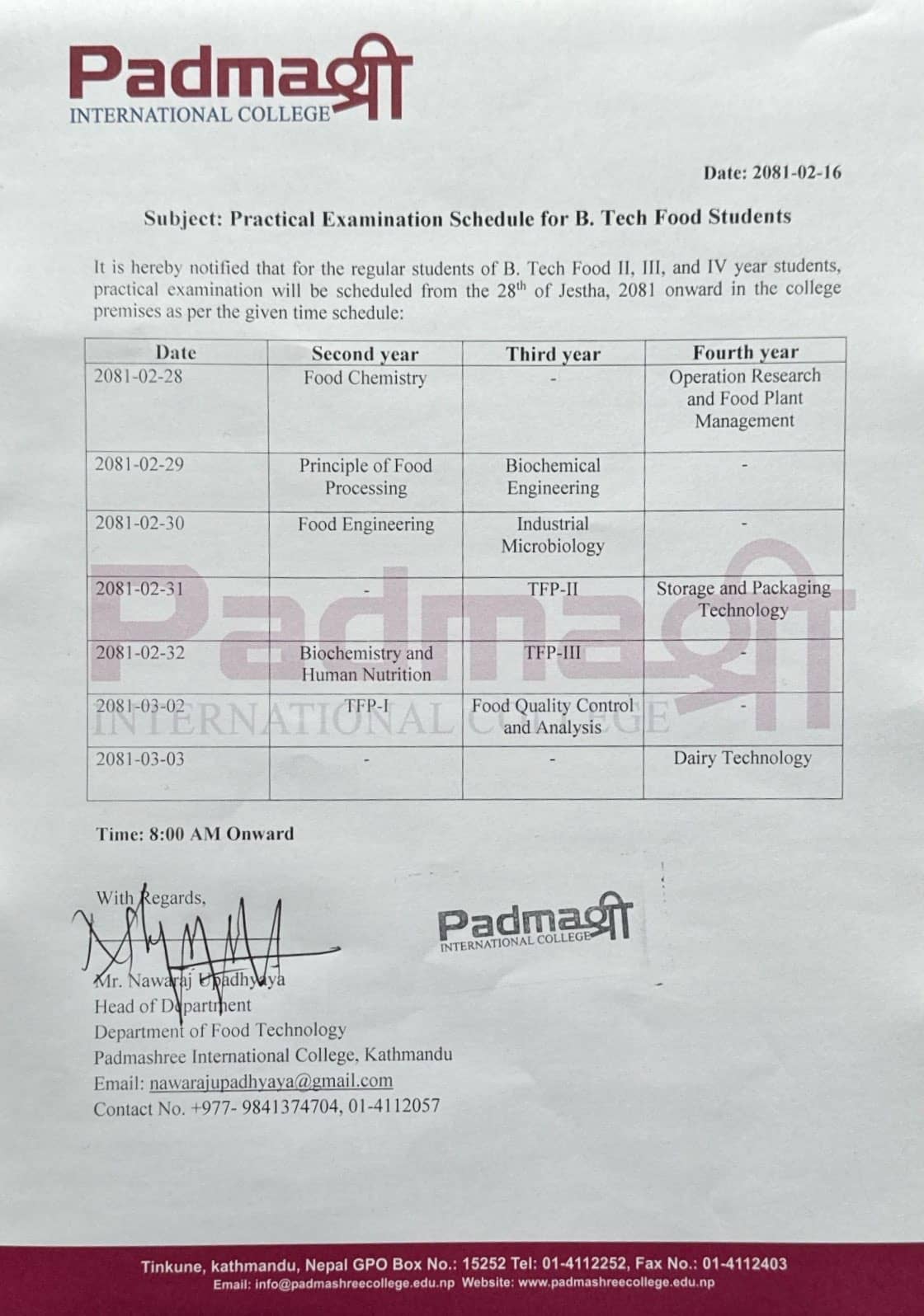 Practical Examination Schedule For II, III and IV Year B.Tech(food ...