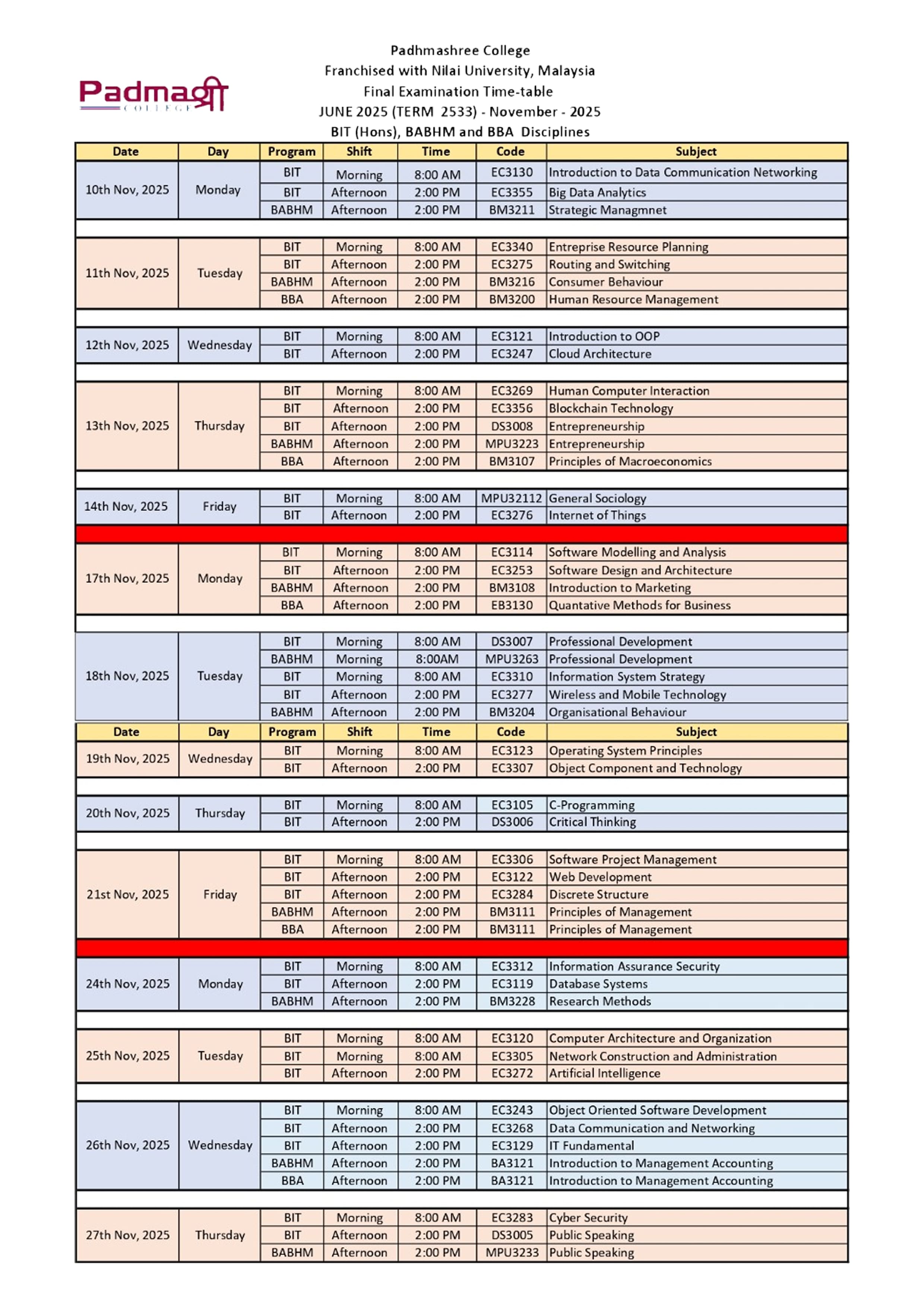FINAL EXAM TIME TABLE - 2025, NOV